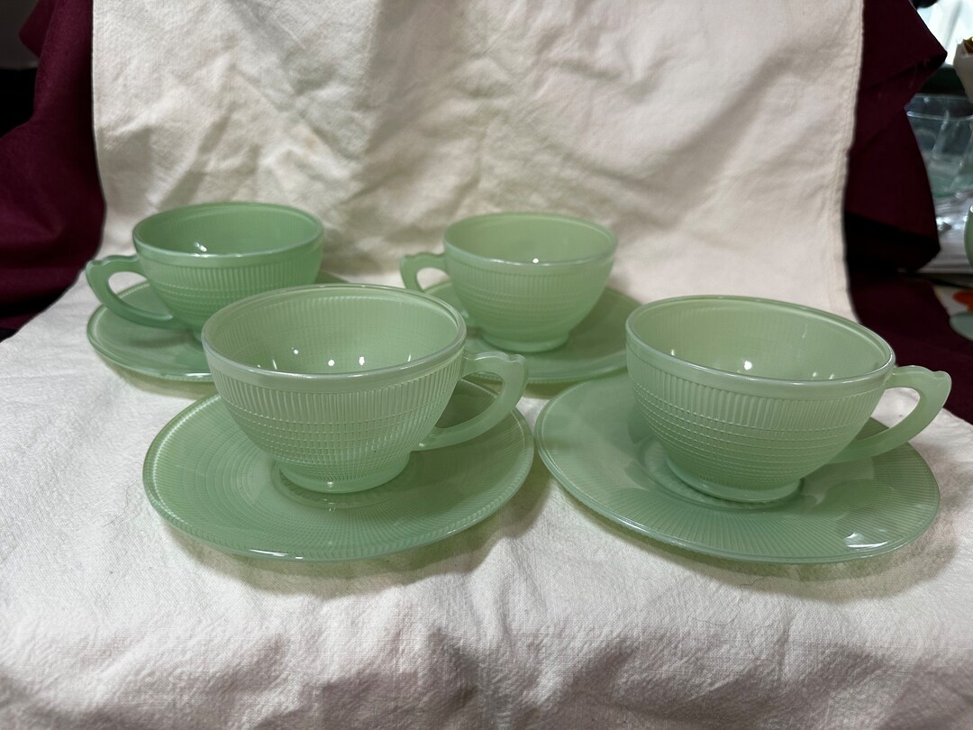 VTG Fire King Jadeite Jane Ray Ribbed Coffee/ Teacup and Saucer, FOUR ...