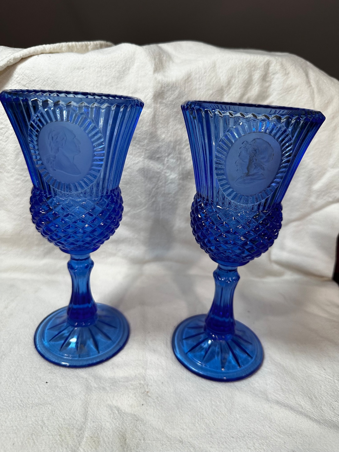 Vintage AVON Fostoria Cobalt Blue Glass Goblets George & Martha ...