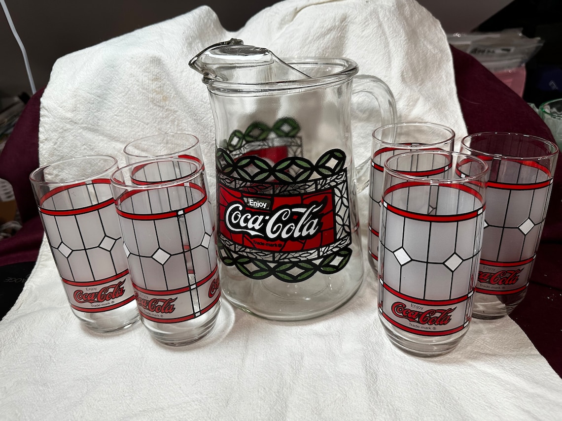 Vintage 1970s Coca Cola Glass Pitcher 9.5 Tall and SIX Matching Glasses ...