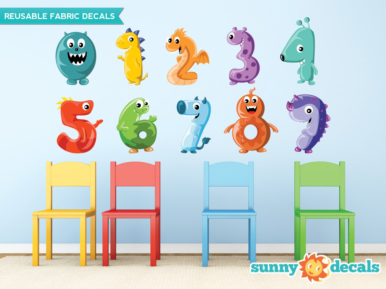 Monster Numbers Fabric Wall Decals Colorful Numbers From 0 to | Etsy