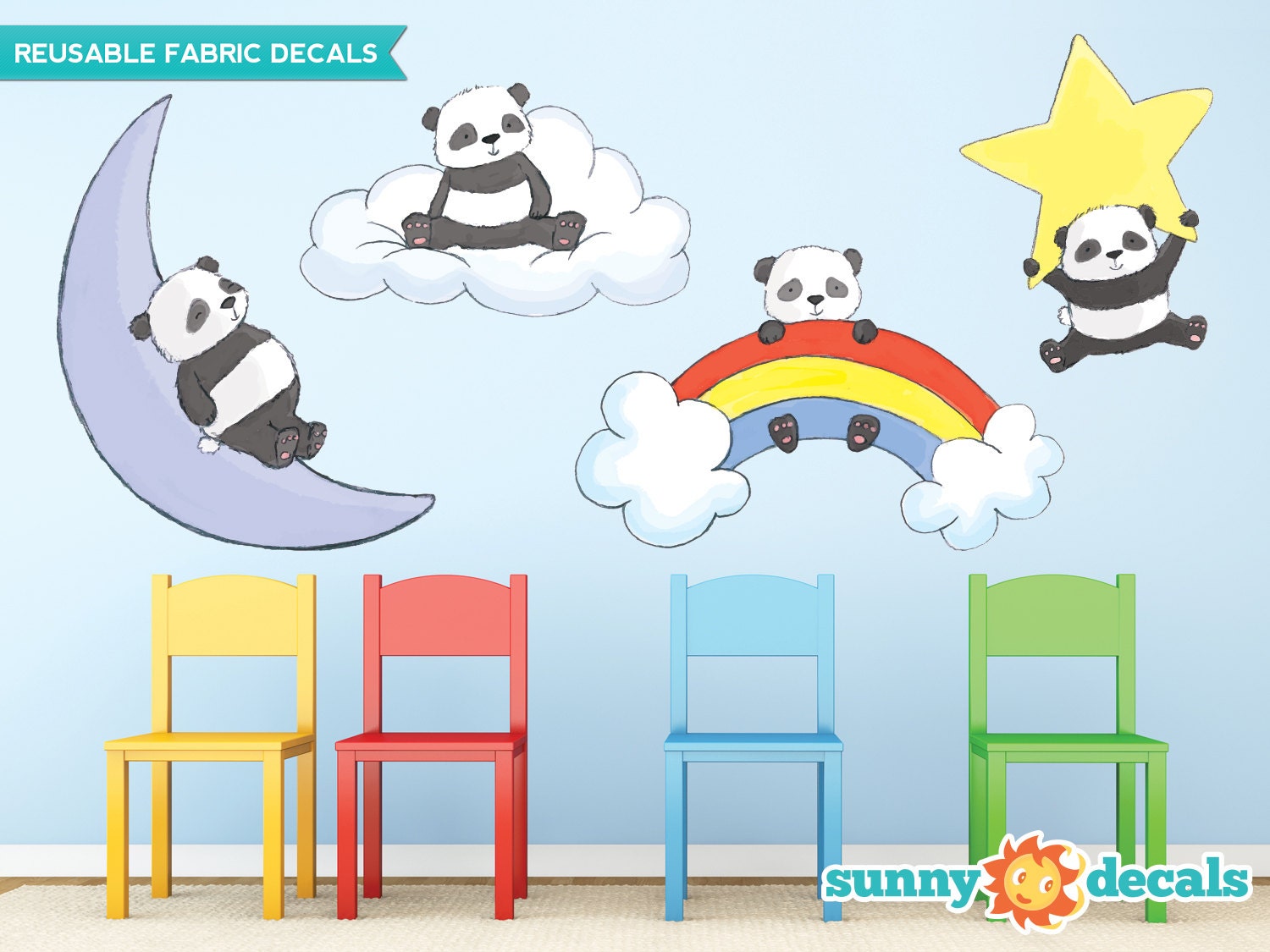 Panda Bears Fabric Wall Decals Set of Four Pandas With Star - Etsy