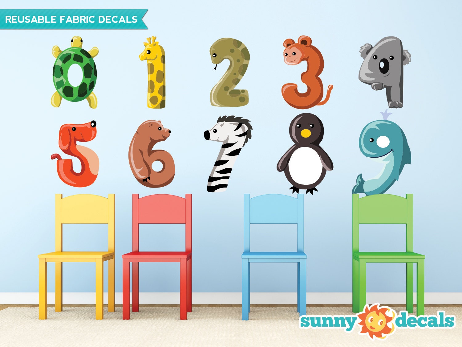 Animal Numbers Fabric Wall Decals Set of Colorful Numbers - Etsy Australia