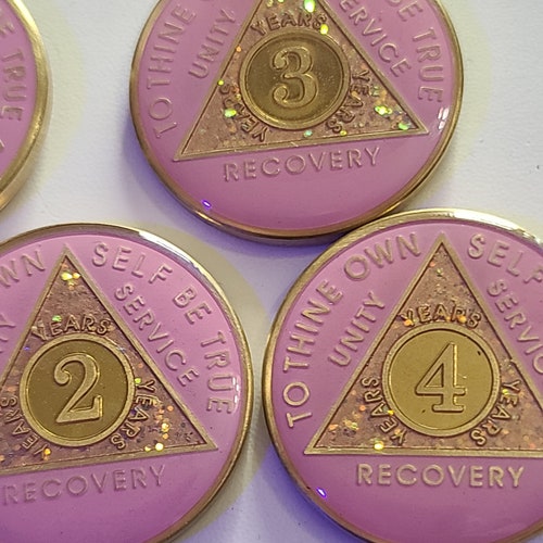 1 Year AA Medallion Elegant Pink Glitter Gold Plated Sobriety | Etsy