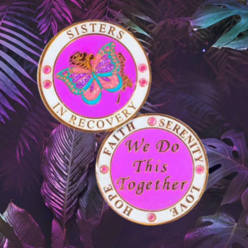 Sisters in Recovery Medallion – Pink Glitter Butterfly, Amethyst ...