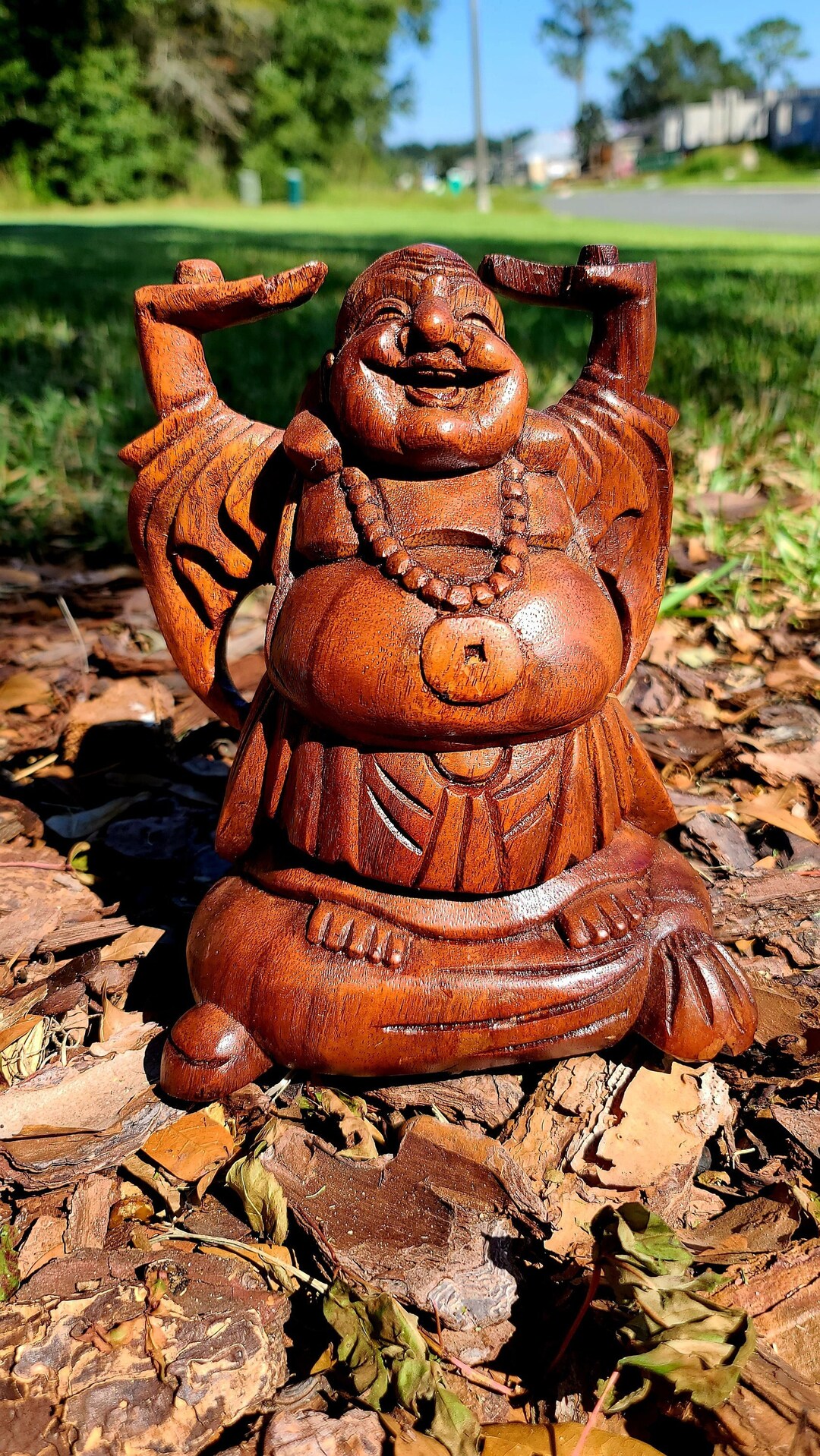Large Wood Carved Standing Happy Buddha Statue- Spiritual Buddha ...