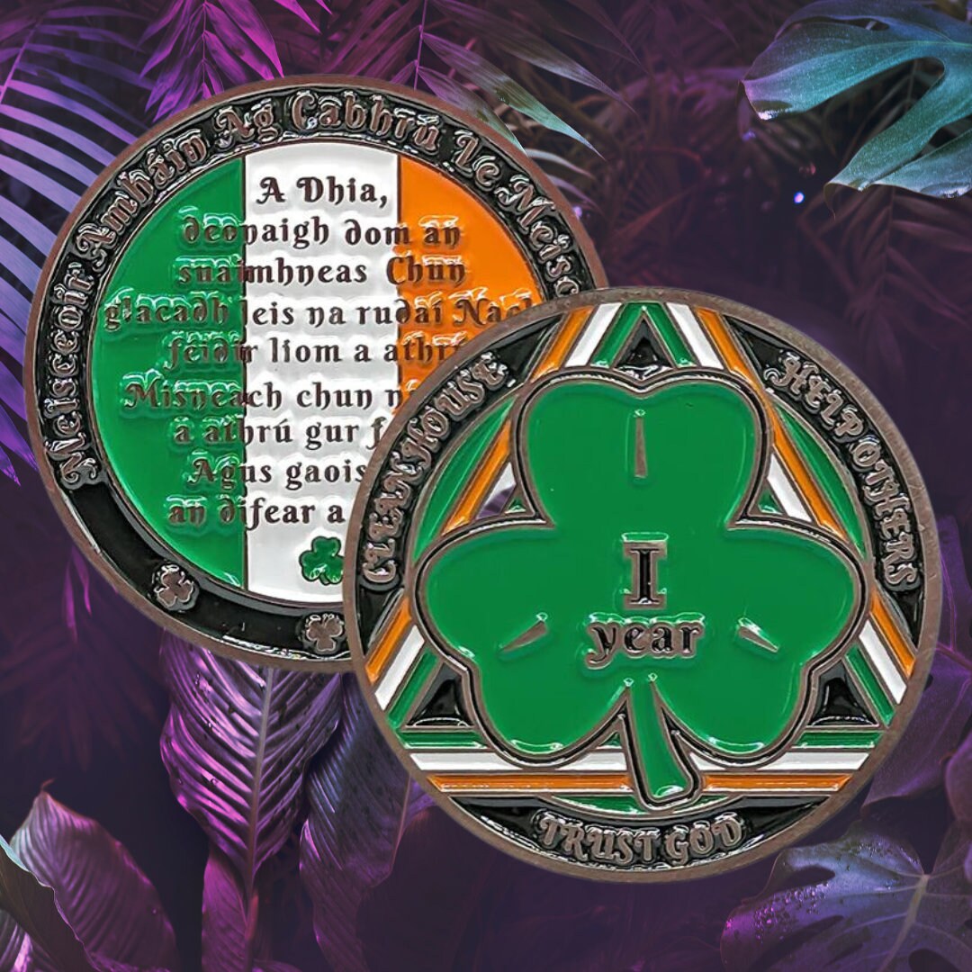 Green Shamrock Recovery Medallion in Years 1-50 Serenity Prayer in ...