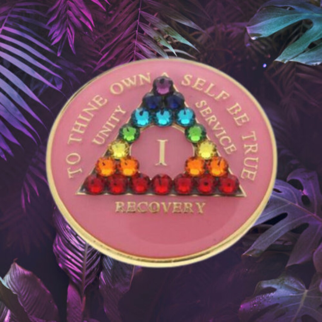 AA Medallion Pink W Rainbow LGBT Transition Bling Crystals yrs 1-50 ...