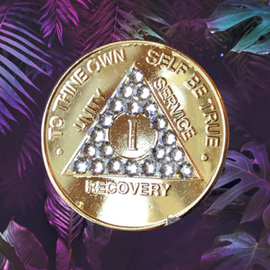 AA Medallion 24KT Gold Plated Coin White Crystals 1-50 Bling Alcoholics ...