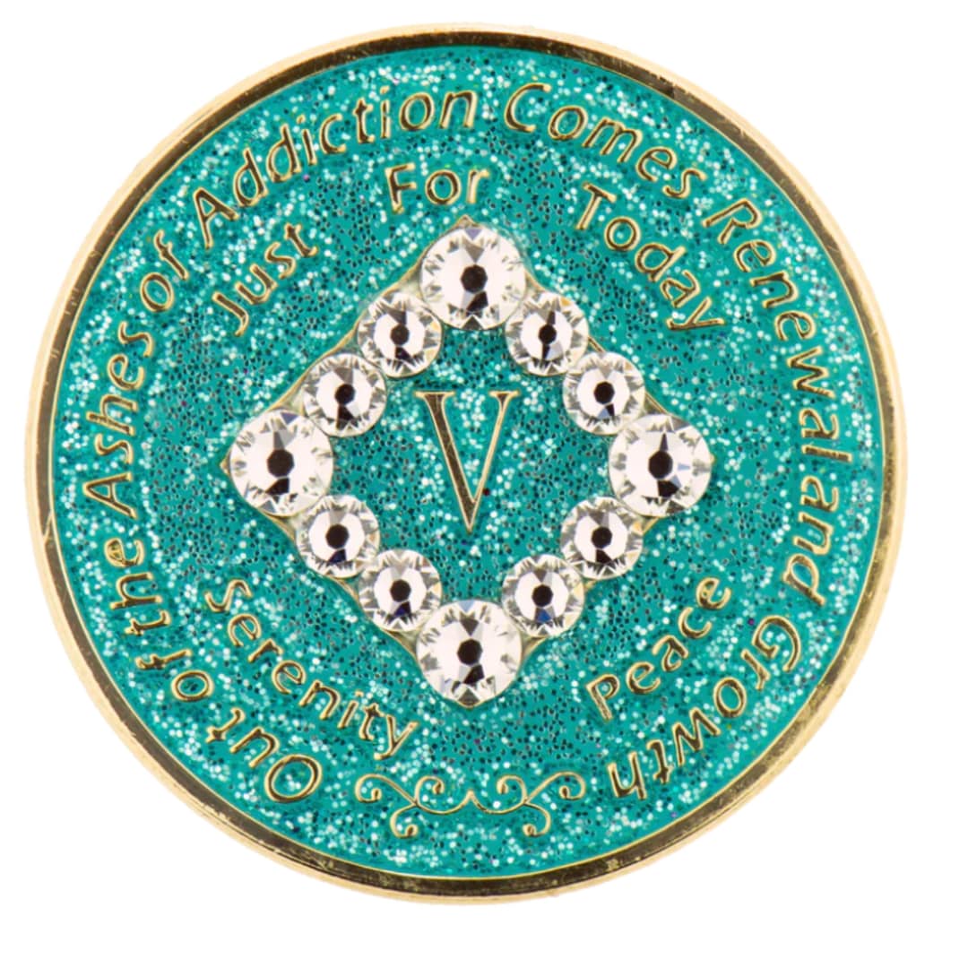 NA Aqua Glitter Bling Medallion W White Crystals (yrs 1-45) Recovery ...
