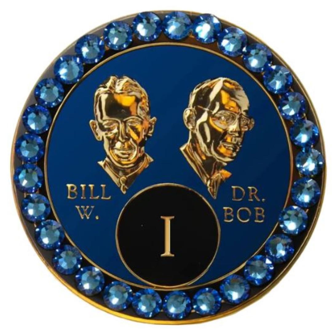 Bill & Bob AA Blue Triplate Sapphire Crystals Bling Medallion Chip Coin ...