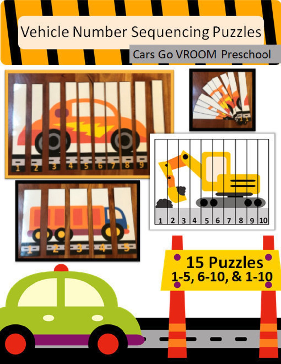 Vehicle Number Sequencing Puzzles 1-5, 6-10, & 1-10 by Cars Go VROOM ...