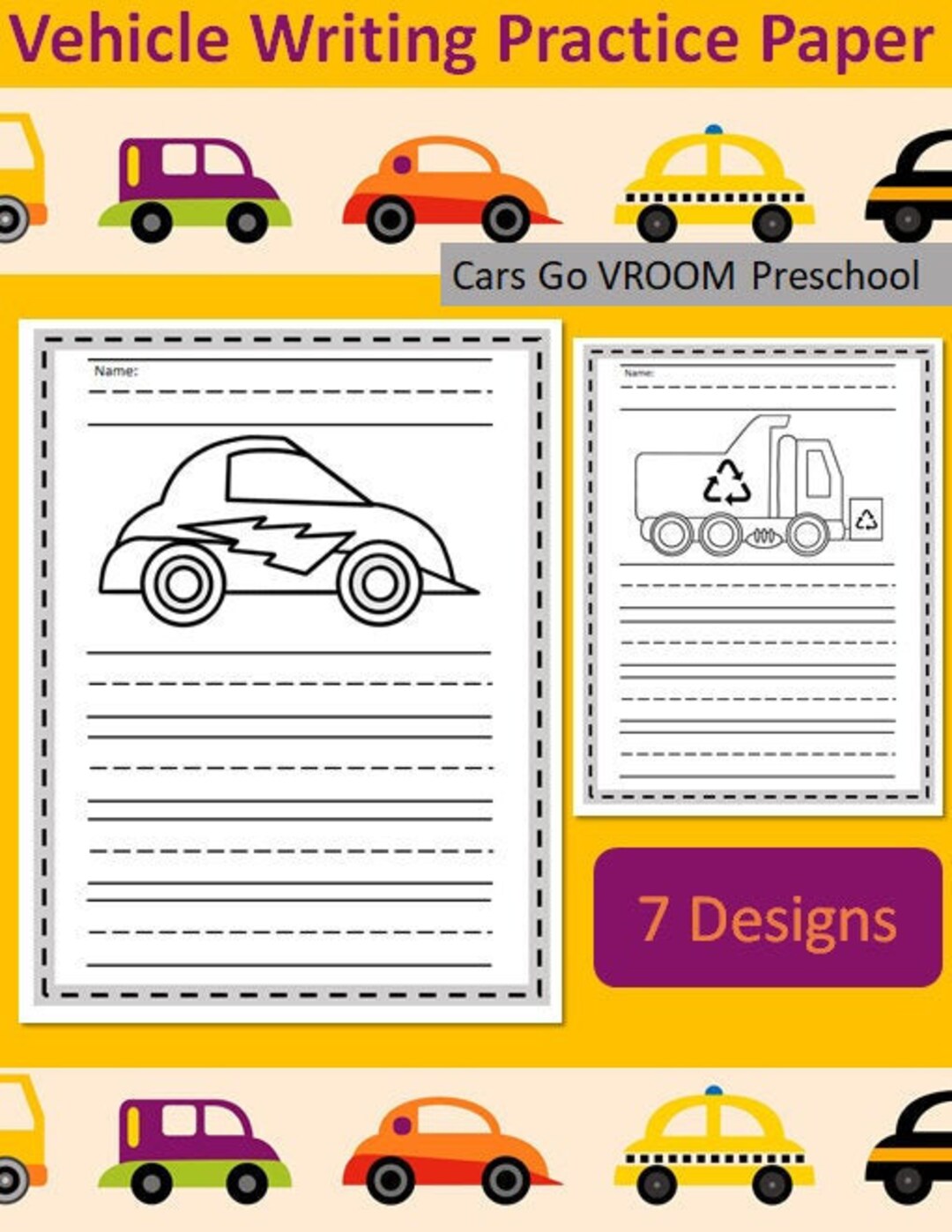 Pre- K / Kindergarten Vehicle Writing Practice Paper (7 Designs) by ...