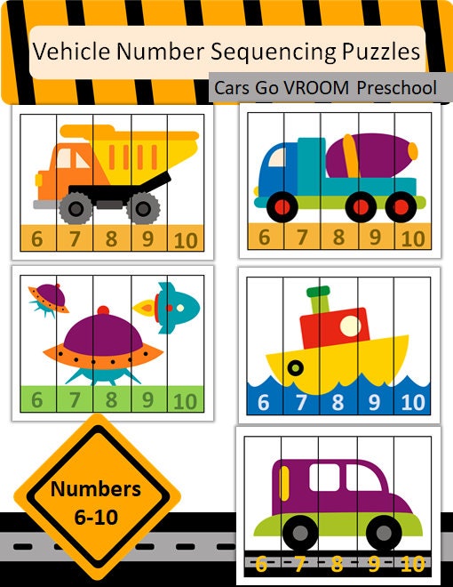 Vehicle Number Sequencing Puzzles 1-5, 6-10, & 1-10 by Cars Go VROOM ...
