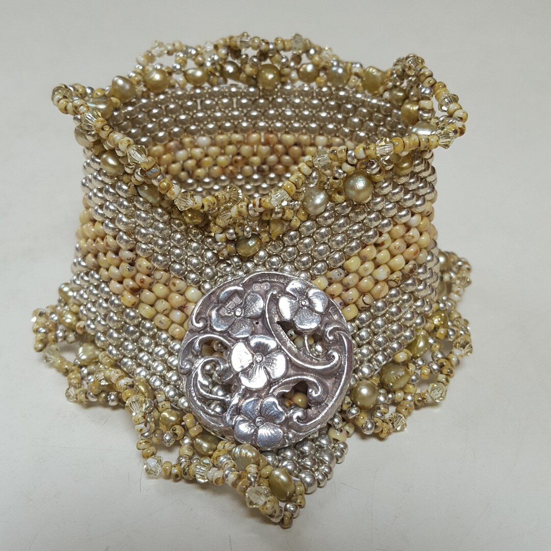 Spring Green and Sterling Ruffled Pearl Cuff - Etsy