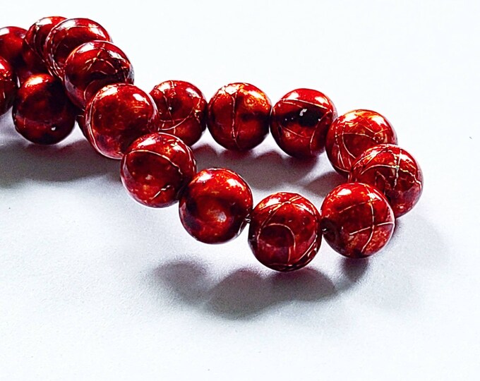 Glass Beads, 8mm, Deep Red Metallic Drawbench Beads, Black Splashes and ...