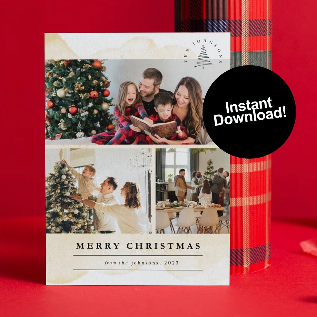 Vertical Gold Holiday Card 5x7 3 Photo Holiday Card - Etsy