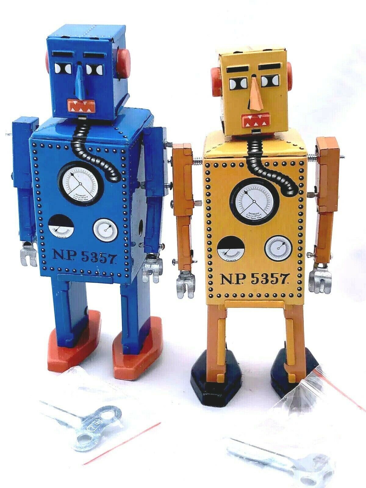 2 Classic Tin Toy Robots Lilliput Yellow and Blue Wind-up - Etsy