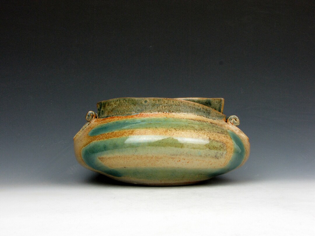 Darted Pot With Spiral and Handles - Shino - Stoneware - Vase - 3.5" X ...