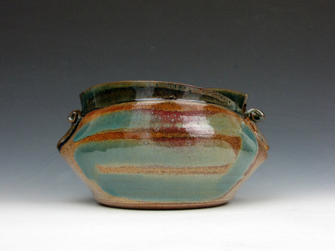 Darted Pot With Spiral and Handles Shino Stoneware Vase 4 X 6.5 X 5.5 ...