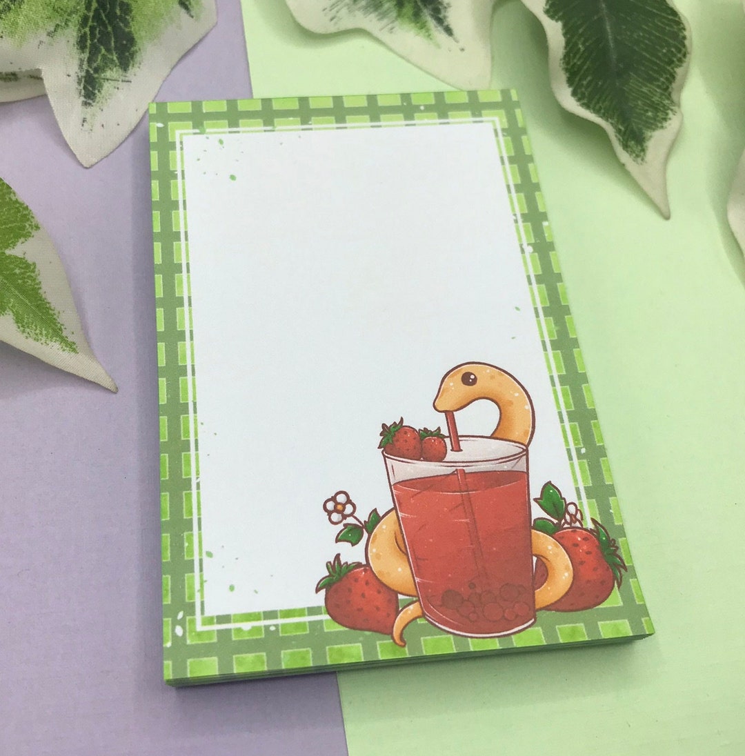 Cute Handmade Strawberry Boba Snake Note Pad, Memo Pad With 50 Pages ...