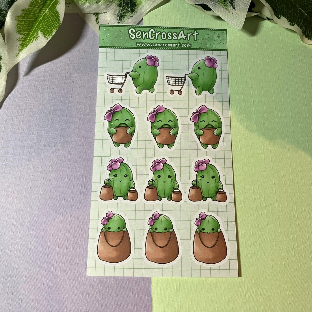 Cute Shopping Cactus Sticker Sheet, Stickers for Collecting, Planners ...