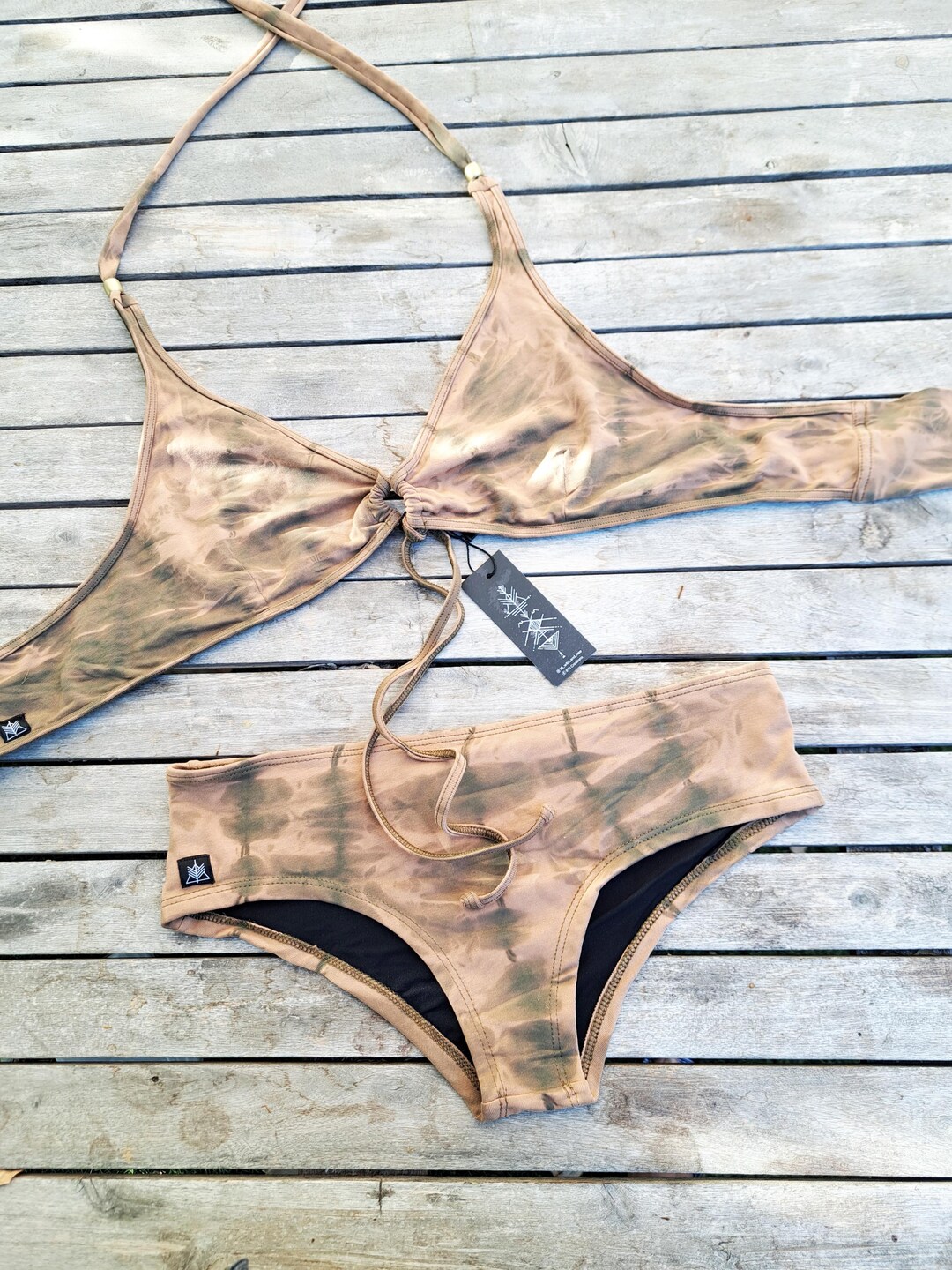 Tan & Green Tie Dye Two Piece Bikini Set, Festival Swimsuit, Handmade ...