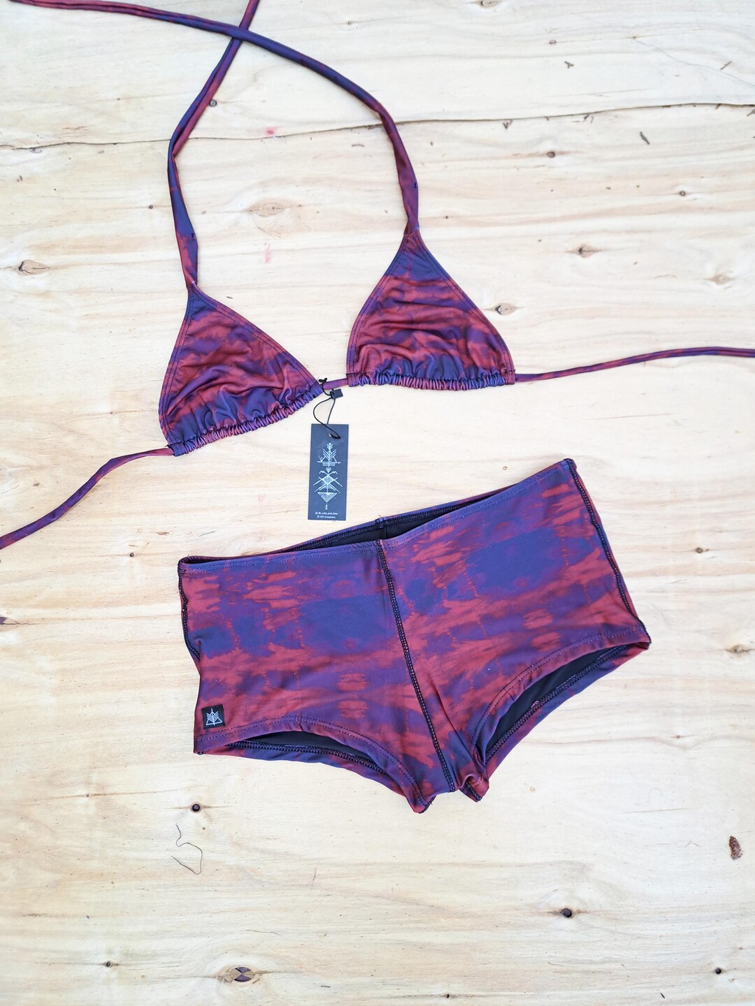 Bordeaux Red Tie Dye High Waisted Swimsuit, Cotton Lycra Bikini Set ...