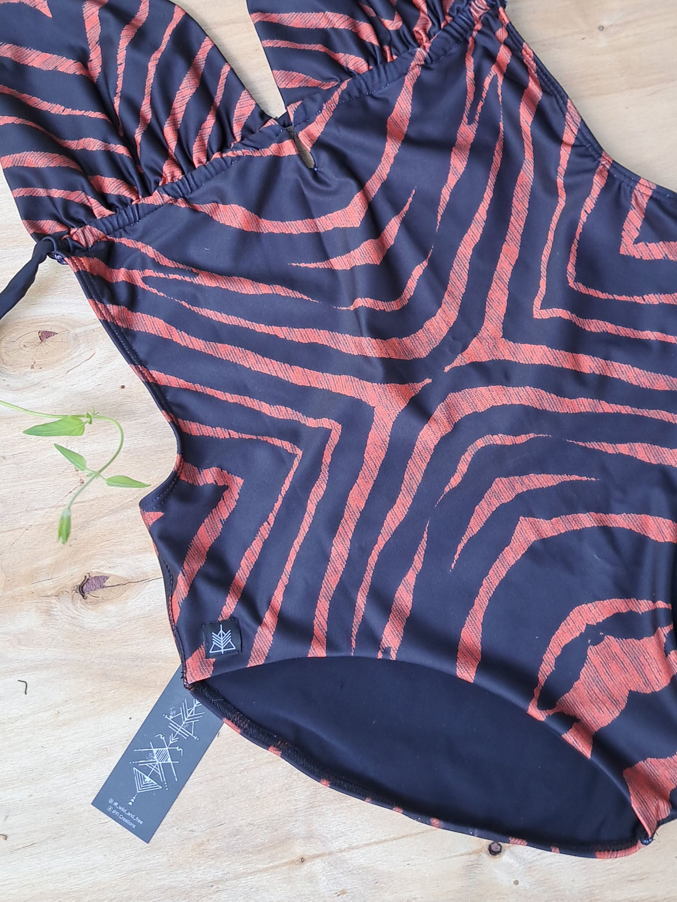Printed Stripes Swimsuit, Boho Zebra Print, Black Orange Bathing Suit ...