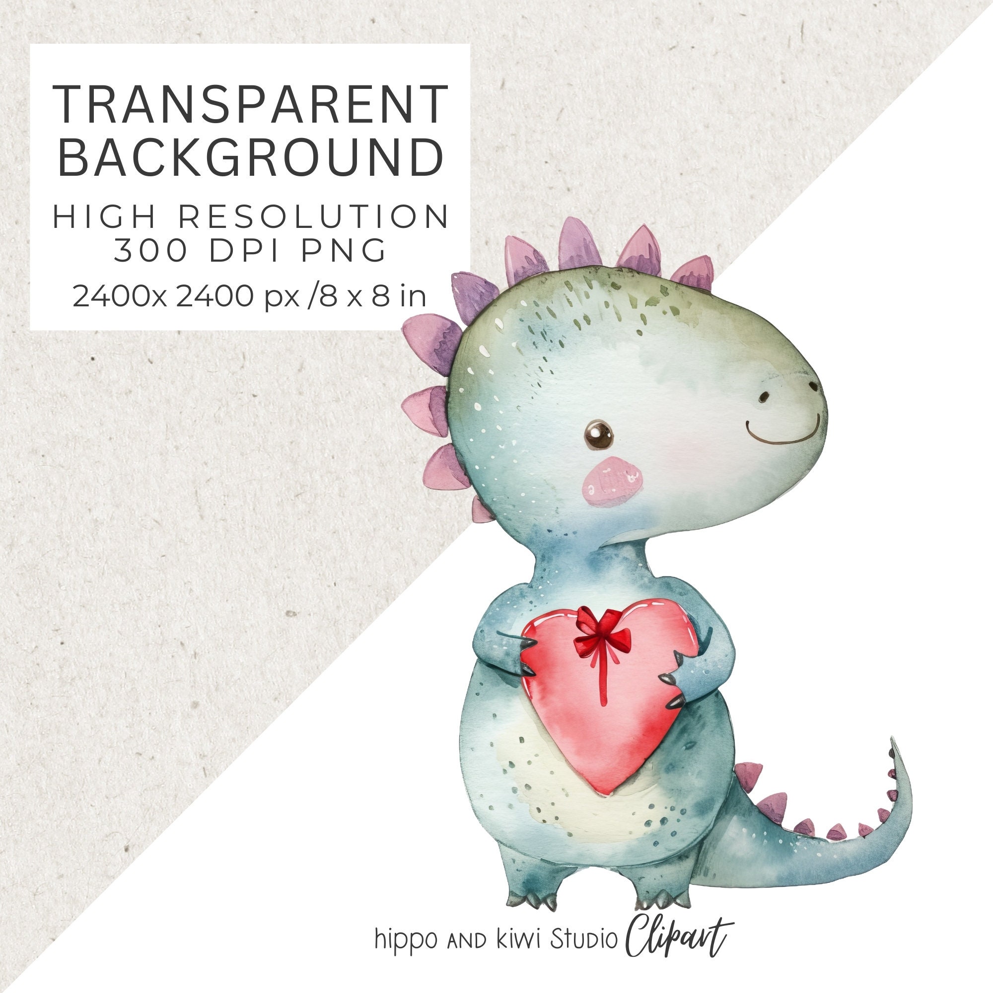 Watercolor Dinosaur Valentine Clipart: Heart PNG Graphic (commercial ...