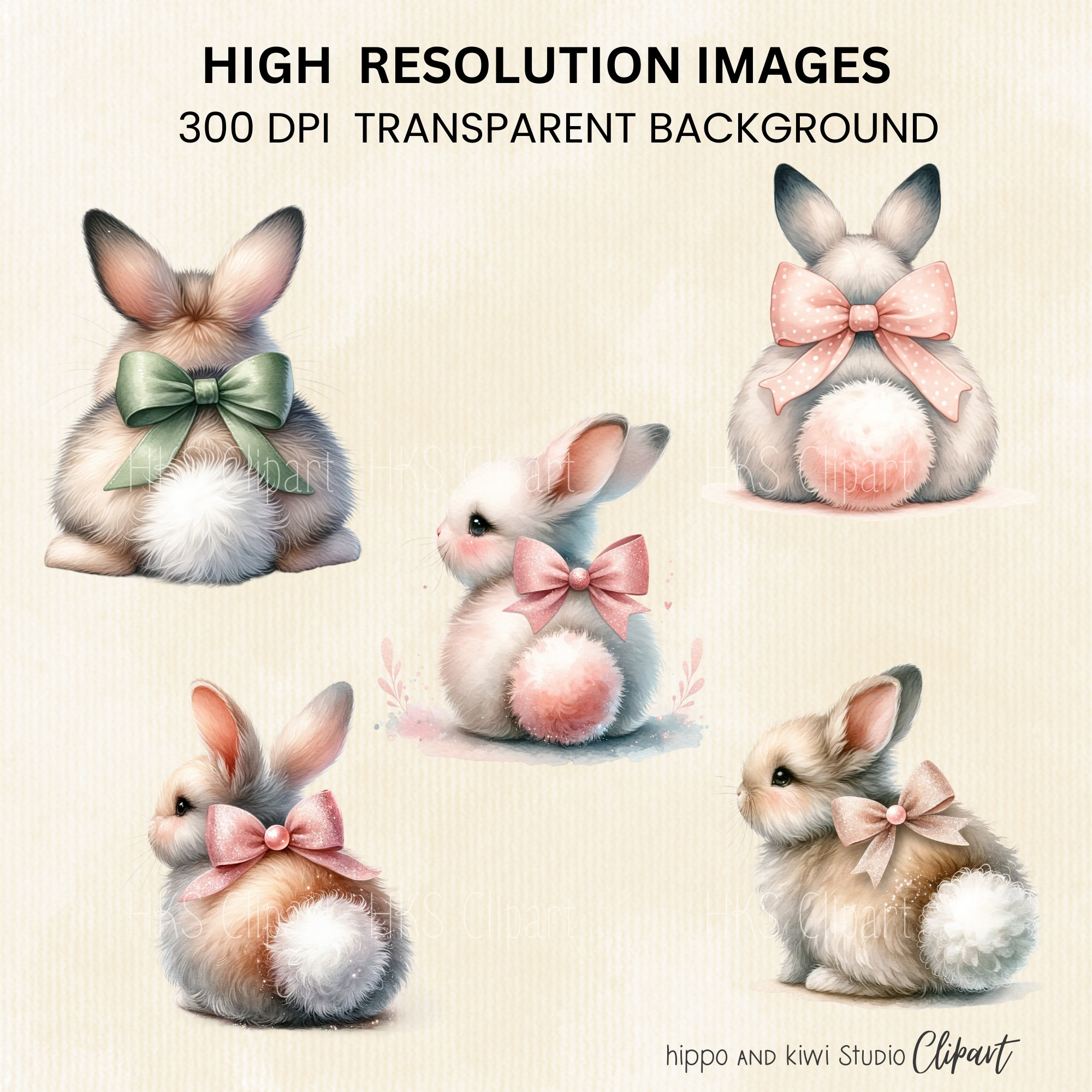 Easter Bunny Tail Clipart, Watercolor Bunny With Coquette Bow, Easter ...