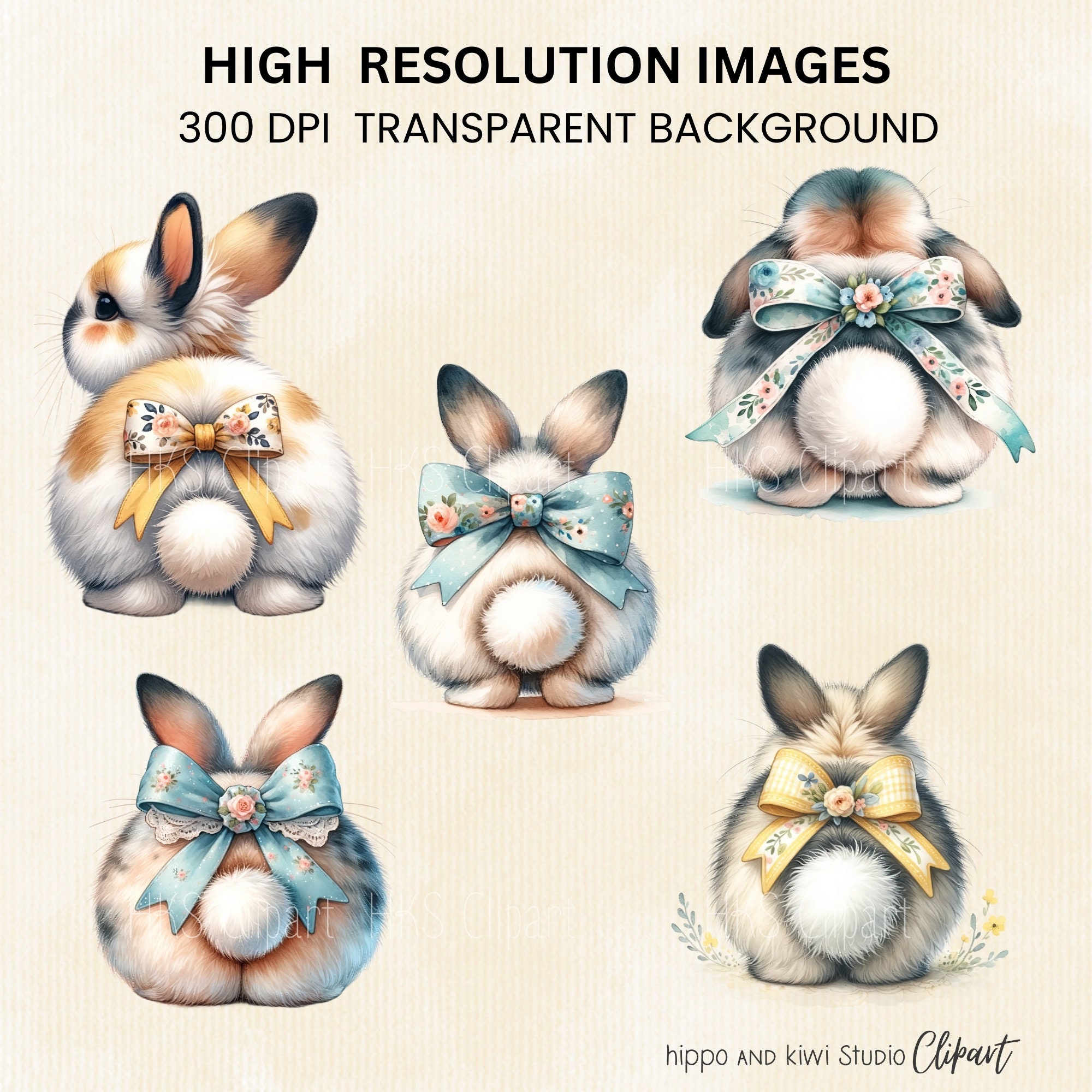 Easter Bunny Tail Clipart, Watercolor Bunny With Coquette Bow, Easter ...