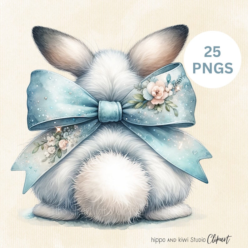 Easter Bunny Tail Clipart, Watercolor Bunny With Coquette Bow, Easter ...