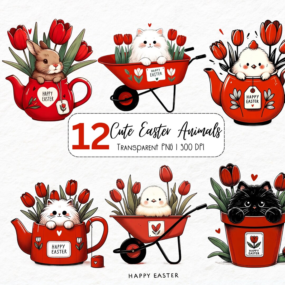 12 Cute Easter Animals Clipart, Happy Easter Clipart, Easter Chick ...