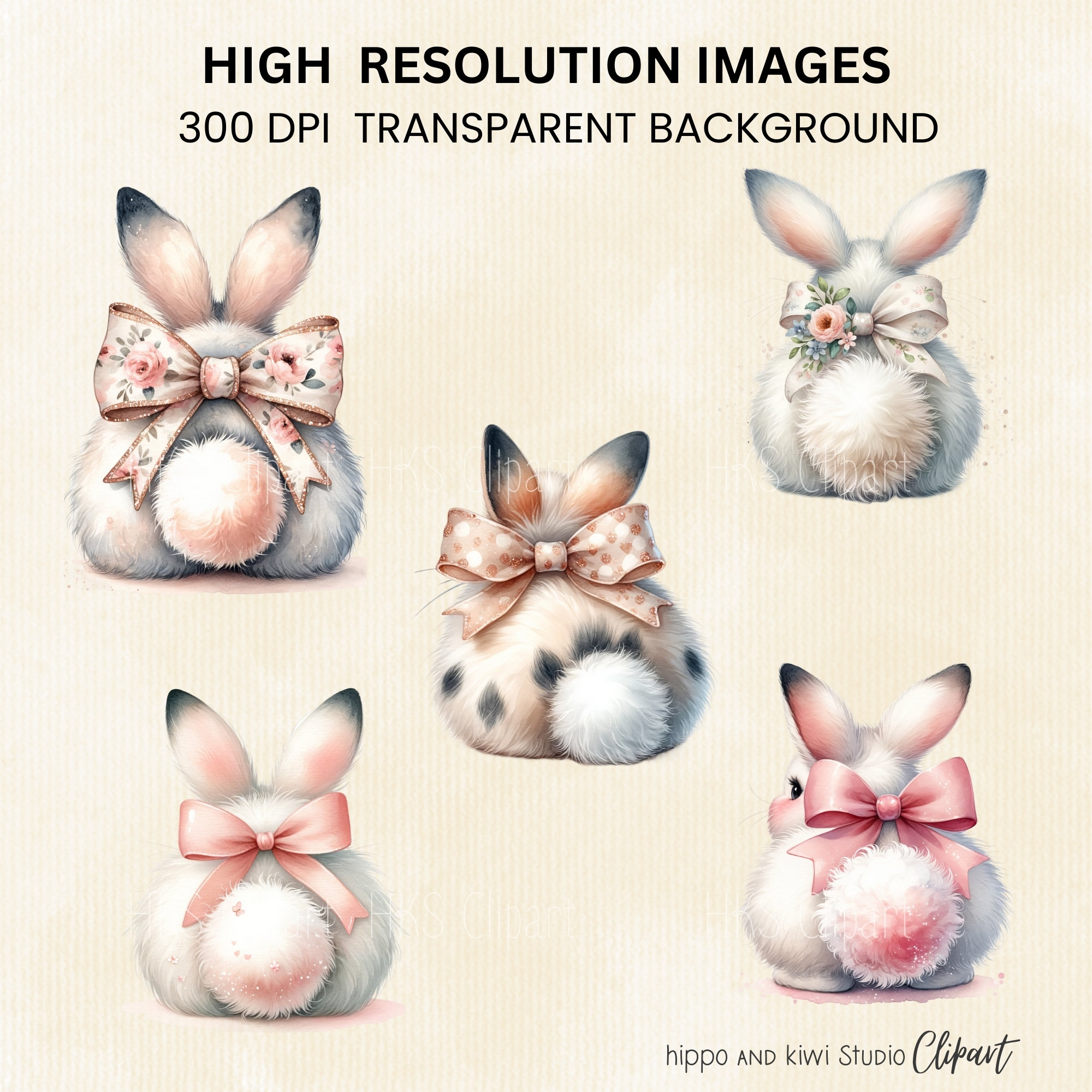 Easter Bunny Tail Clipart, Watercolor Bunny With Coquette Bow, Easter ...