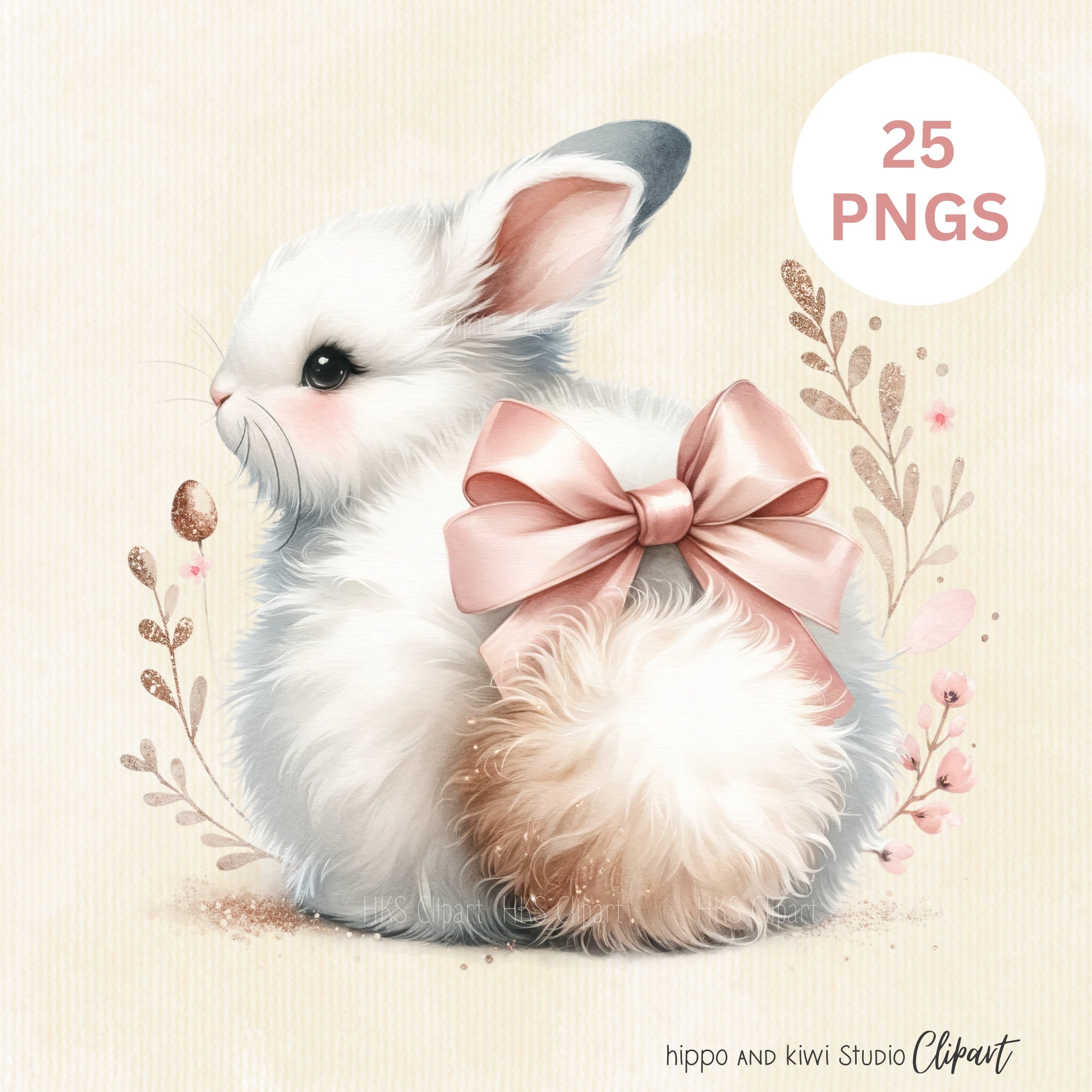 Easter Bunny Tail Clipart, Watercolor Bunny With Coquette Bow, Easter ...