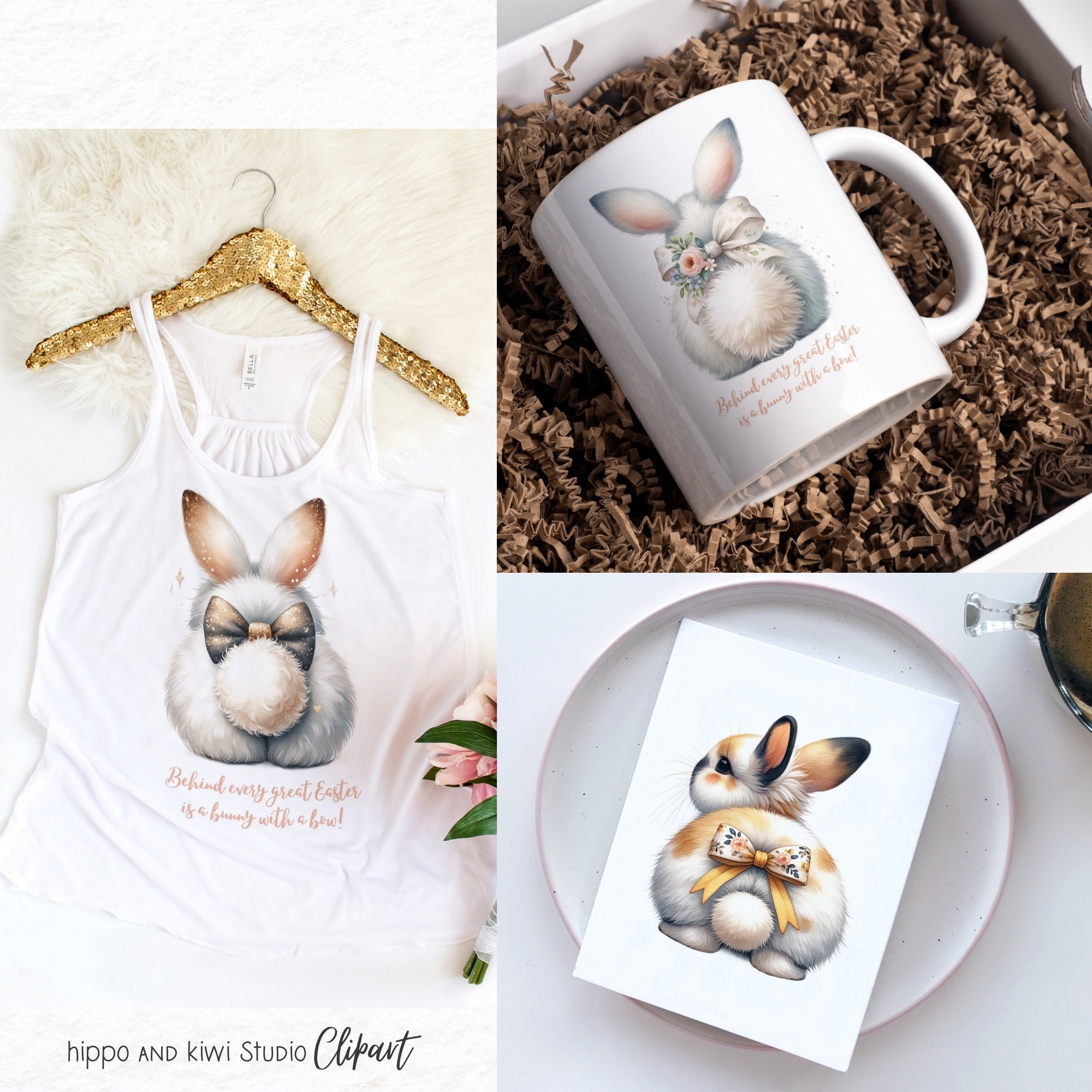 Easter Bunny Tail Clipart, Watercolor Bunny With Coquette Bow, Easter ...