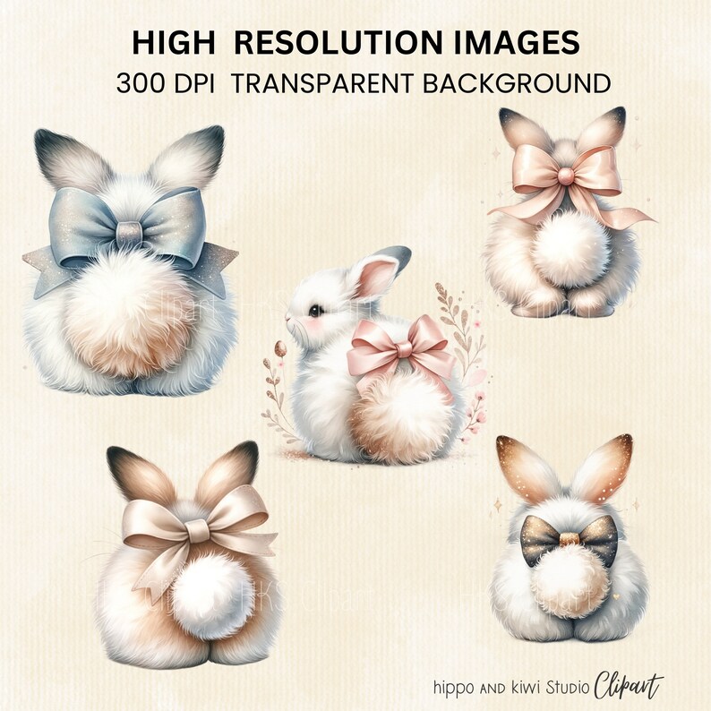 Easter Bunny Tail Clipart, Watercolor Bunny With Coquette Bow, Easter ...