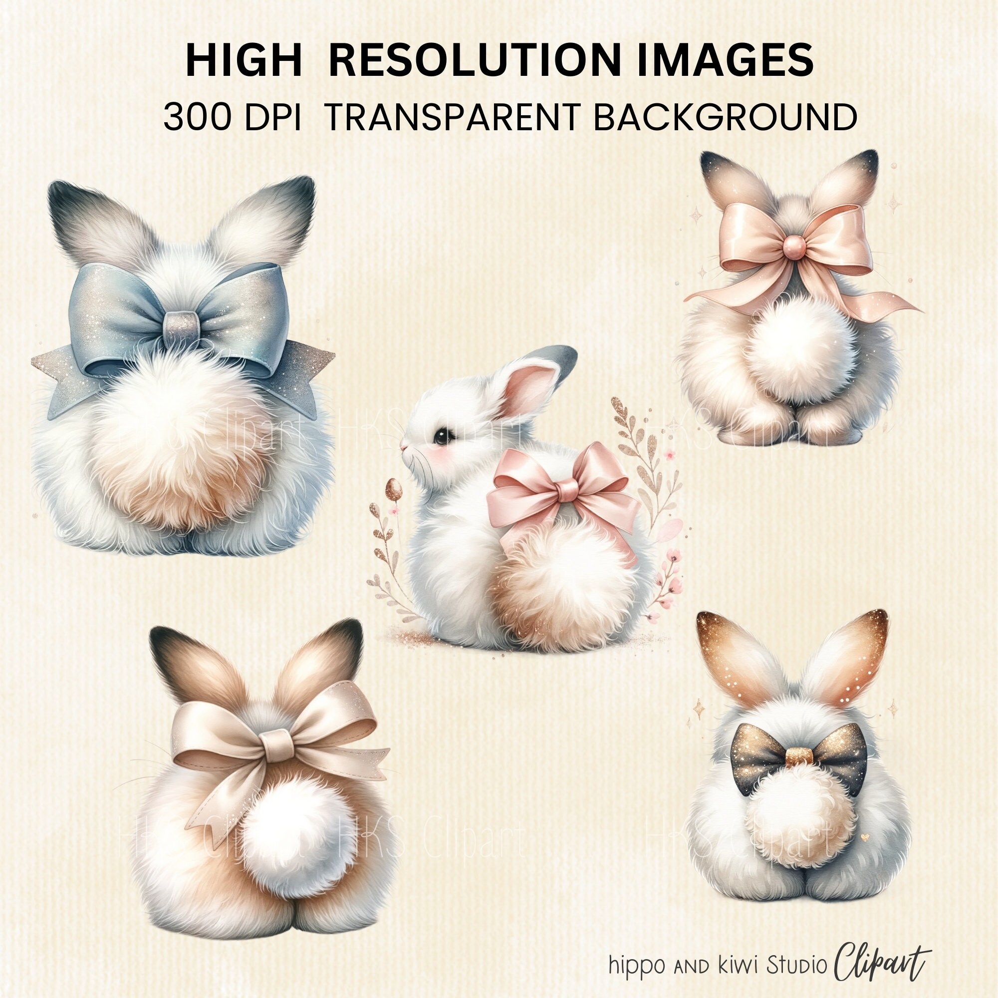 Easter Bunny Tail Clipart, Watercolor Bunny With Coquette Bow, Easter ...