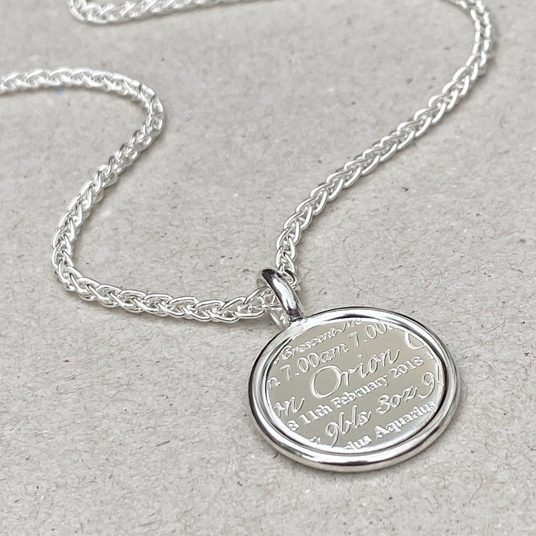 Handmade Oxidised or Polished Solid Sterling Silver Round Framed Birth ...