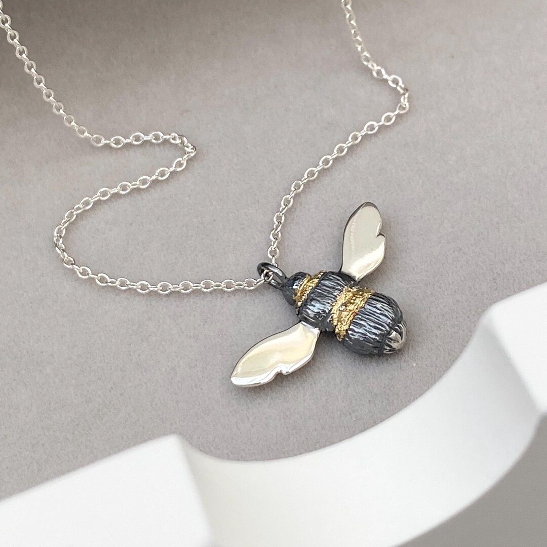 Oxidised Solid Sterling Silver and 18ct Gold Detail Bumblebee Pendant ...