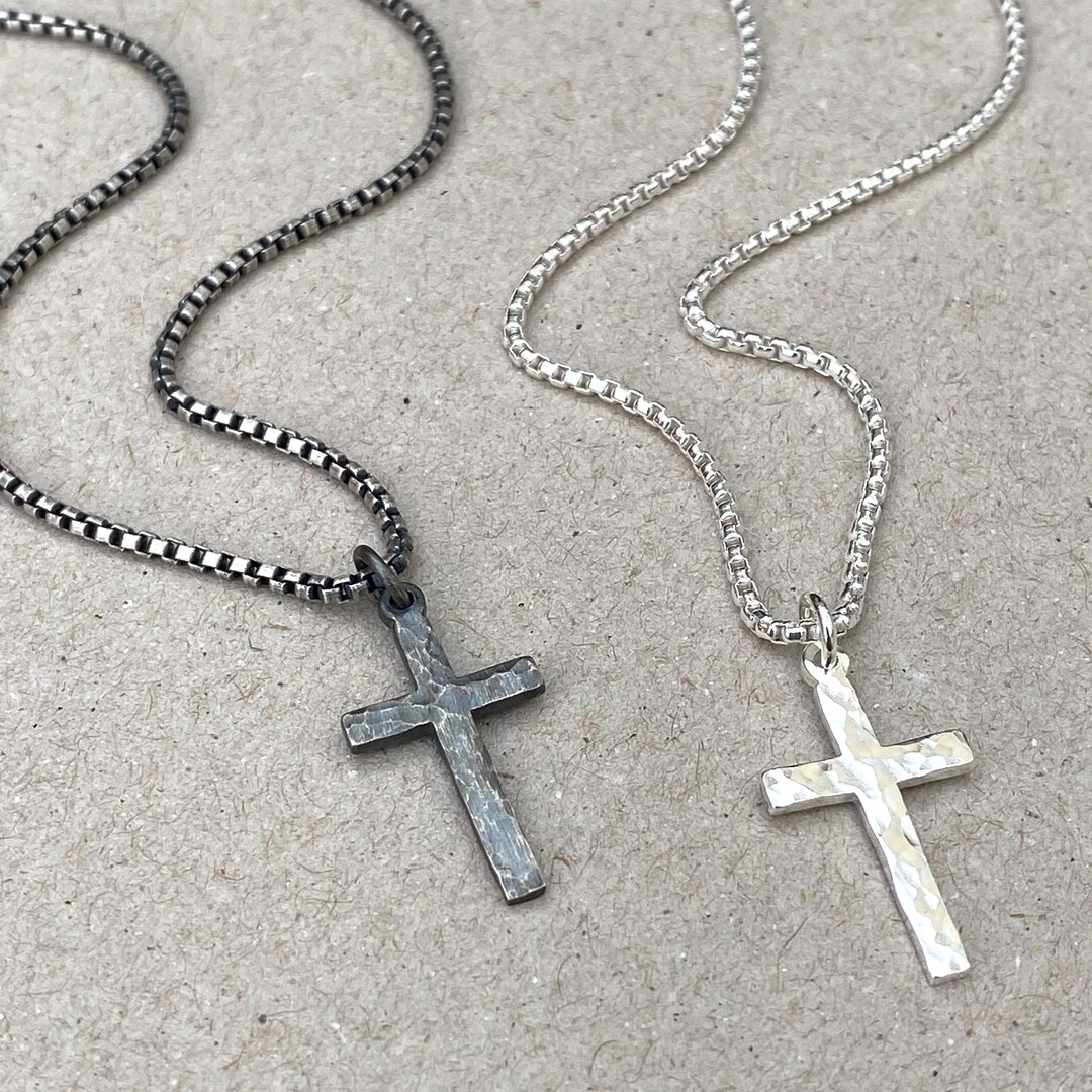 Oxidised or Polished Small Size Solid Sterling Silver Hammered Cross ...