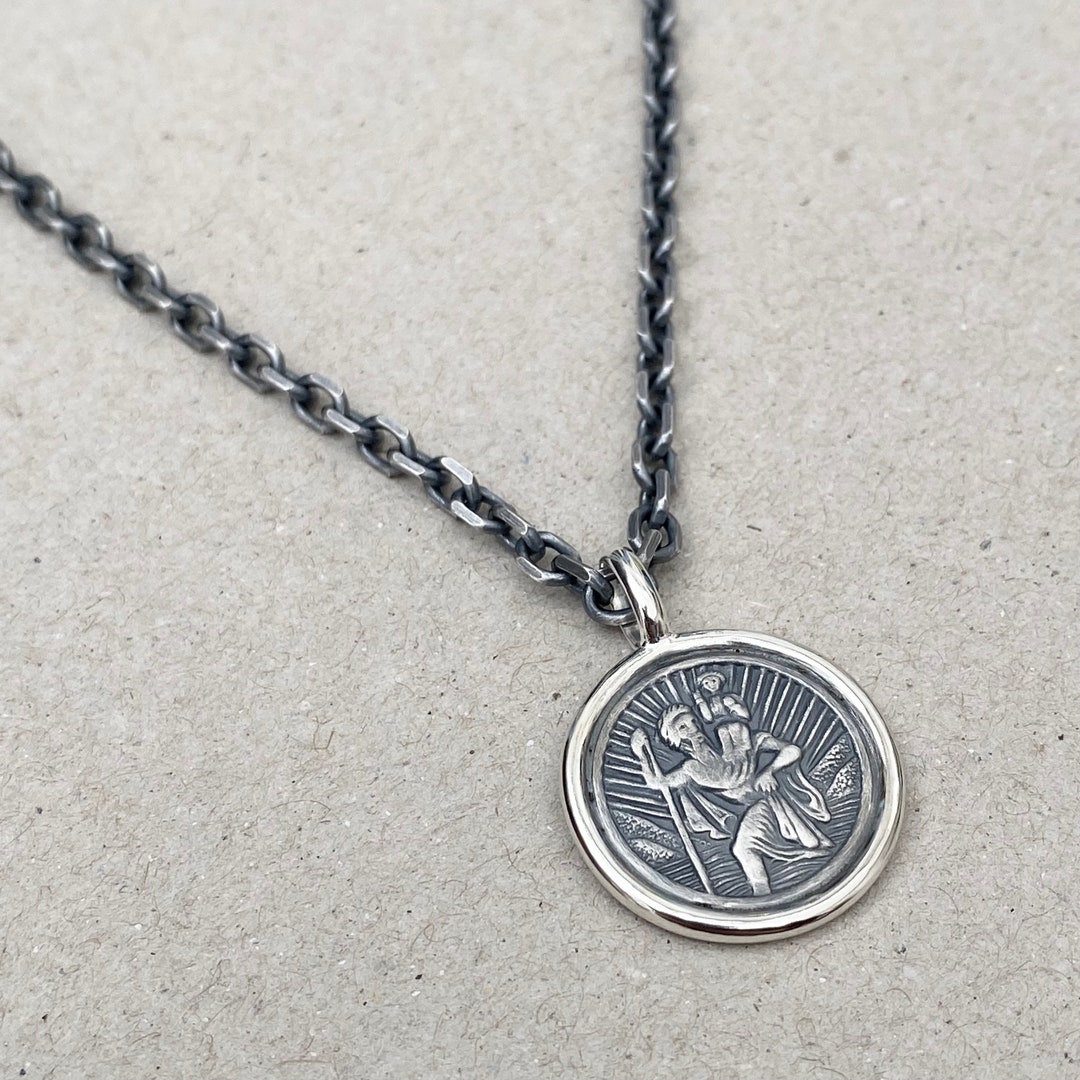 Oxidised Solid Silver Saint Christopher Circle Framed Pendant on a 3 ...