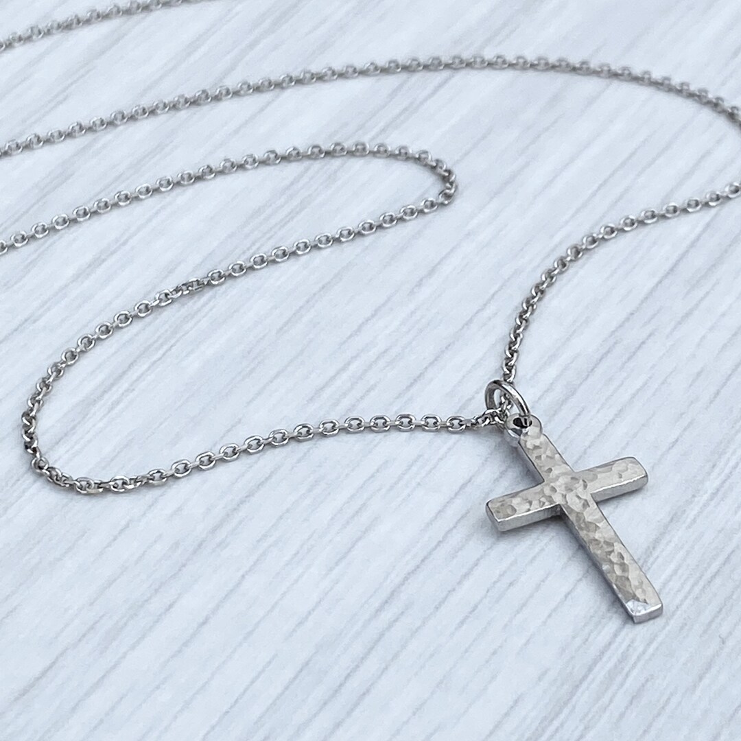 Handmade Solid Platinum Hammered Small Cross Pendant on a 1.2mm Wide ...