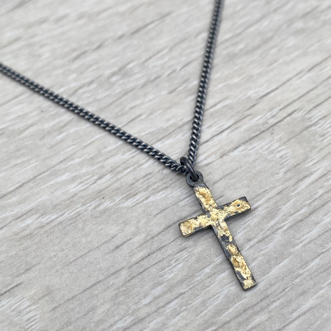 Oxidised Reticulated Silver and Gold Small Size Cross Pendant on a 22 ...