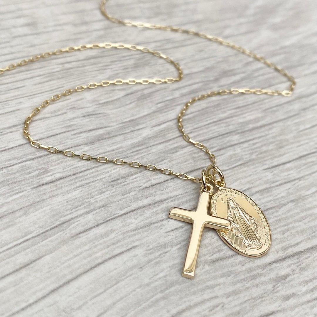 9ct Solid Yellow Gold Small Size Cross and Oval Miraculous Medal ...