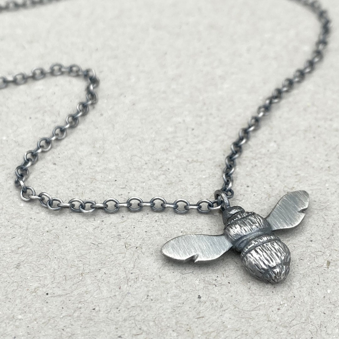 Oxidised Solid Silver Garden Bumblebee Pendant on a 2.2mm Wide Trace ...