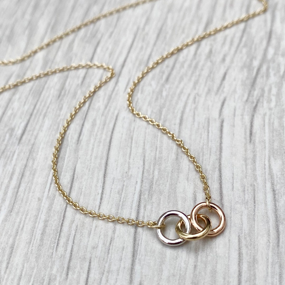 9ct Solid Yellow, White and Rose Gold Three Linked Rings Necklace on a ...