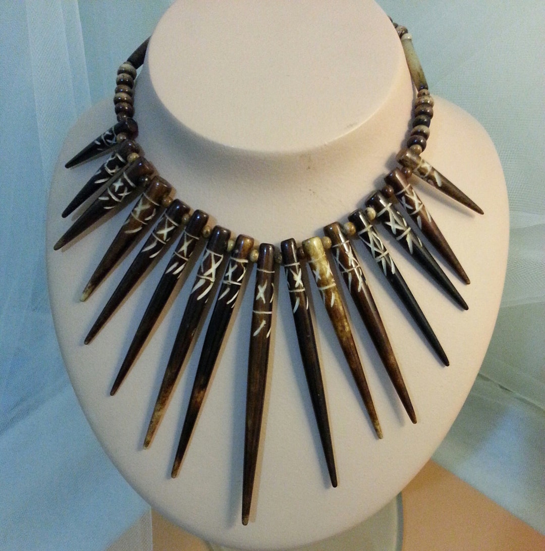 Vintage Etched Bone Spike Beaded Tribal Necklace - Etsy
