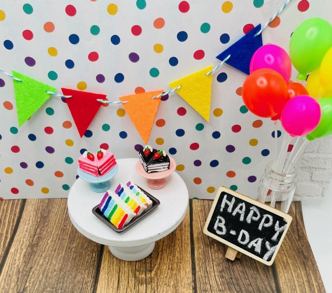 Miniature Birthday Scene: Dollhouse Cake, Balloons, Chalkboard, Elf ...