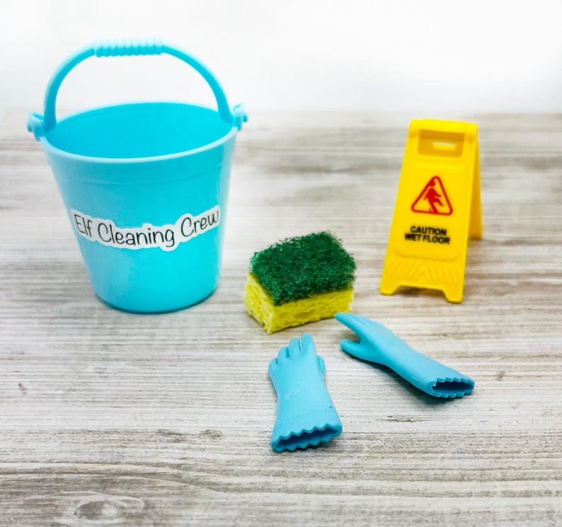 Elf Doll Cleaning Kit: Miniature Bucket, Gloves and Wet Floor Sign, Elf ...
